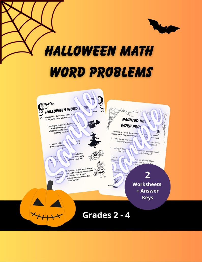 Halloween Math Word Problems Worksheets / Grades 2 - 4 / Addition ...