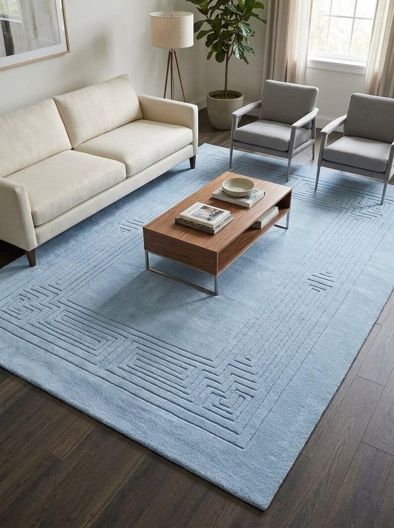 Hand Tufted Wool Rug Light Blue Greek Key Area Rug Handcrafted Indian ...