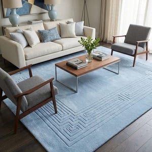 Hand Tufted Wool Rug Light Blue Greek Key Area Rug Handcrafted Indian ...