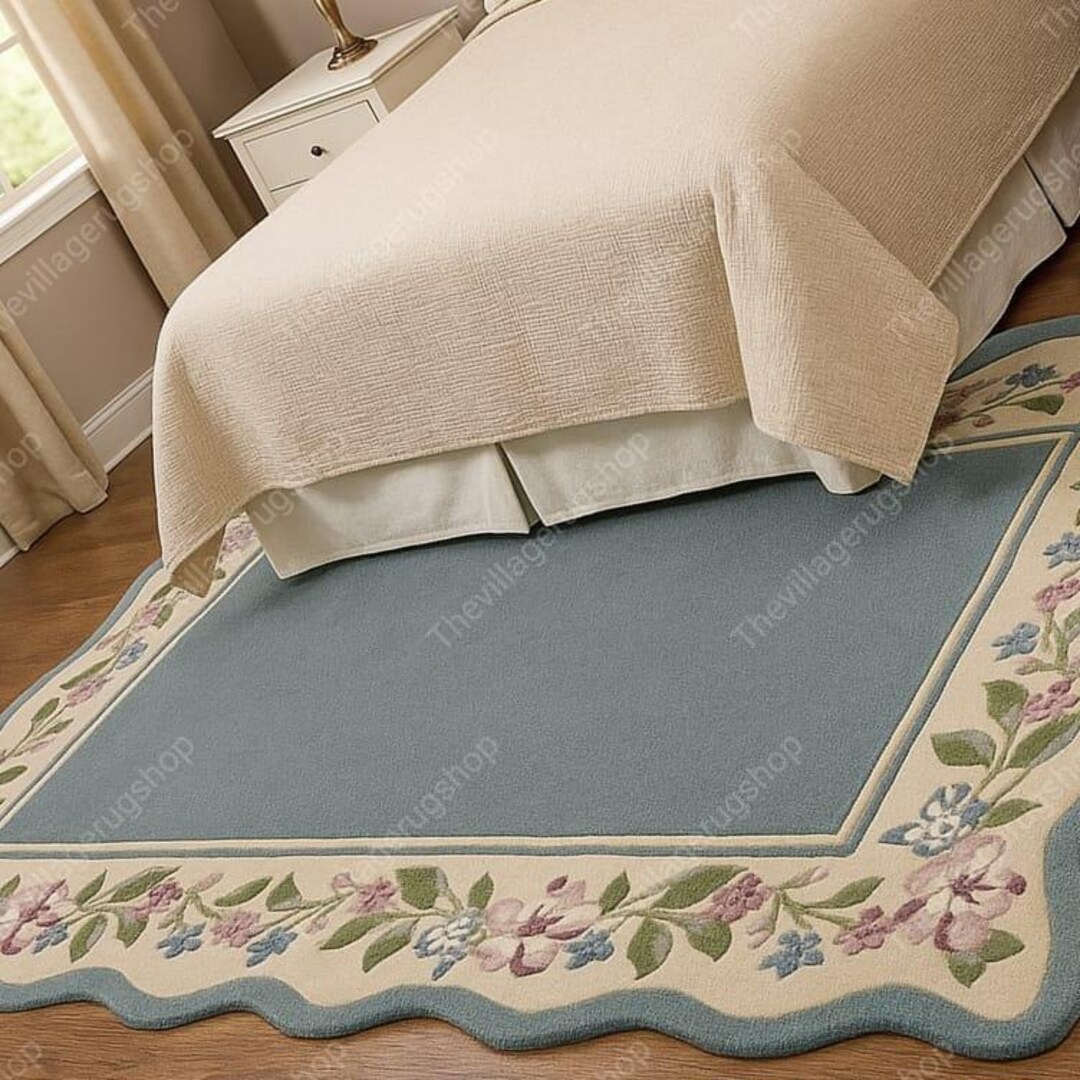 Floral Abushan Carpet Hand Tufted Area Rug: Dusty Blue With Beige Wool ...