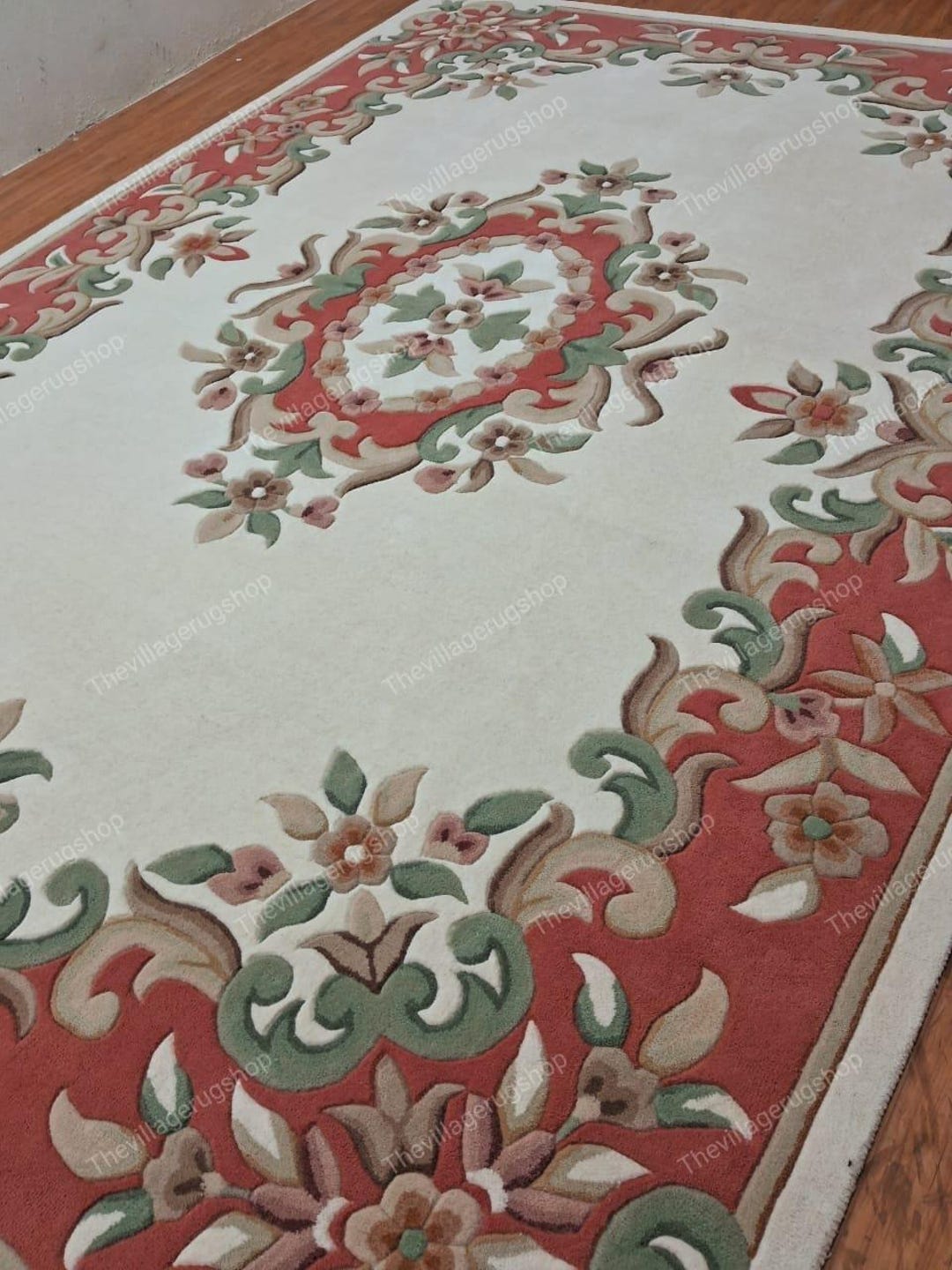 Floral Abushan Hand Tufted Wool Rug Ivory & Red Border Carpet Handmade ...