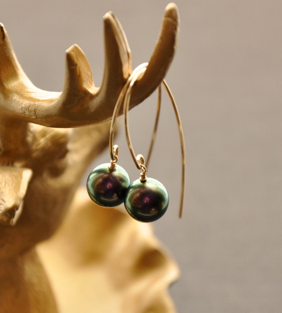 Inverted Gold Hoop Earrings, Purple Pearl Dangle Earrings, Gold Upside ...