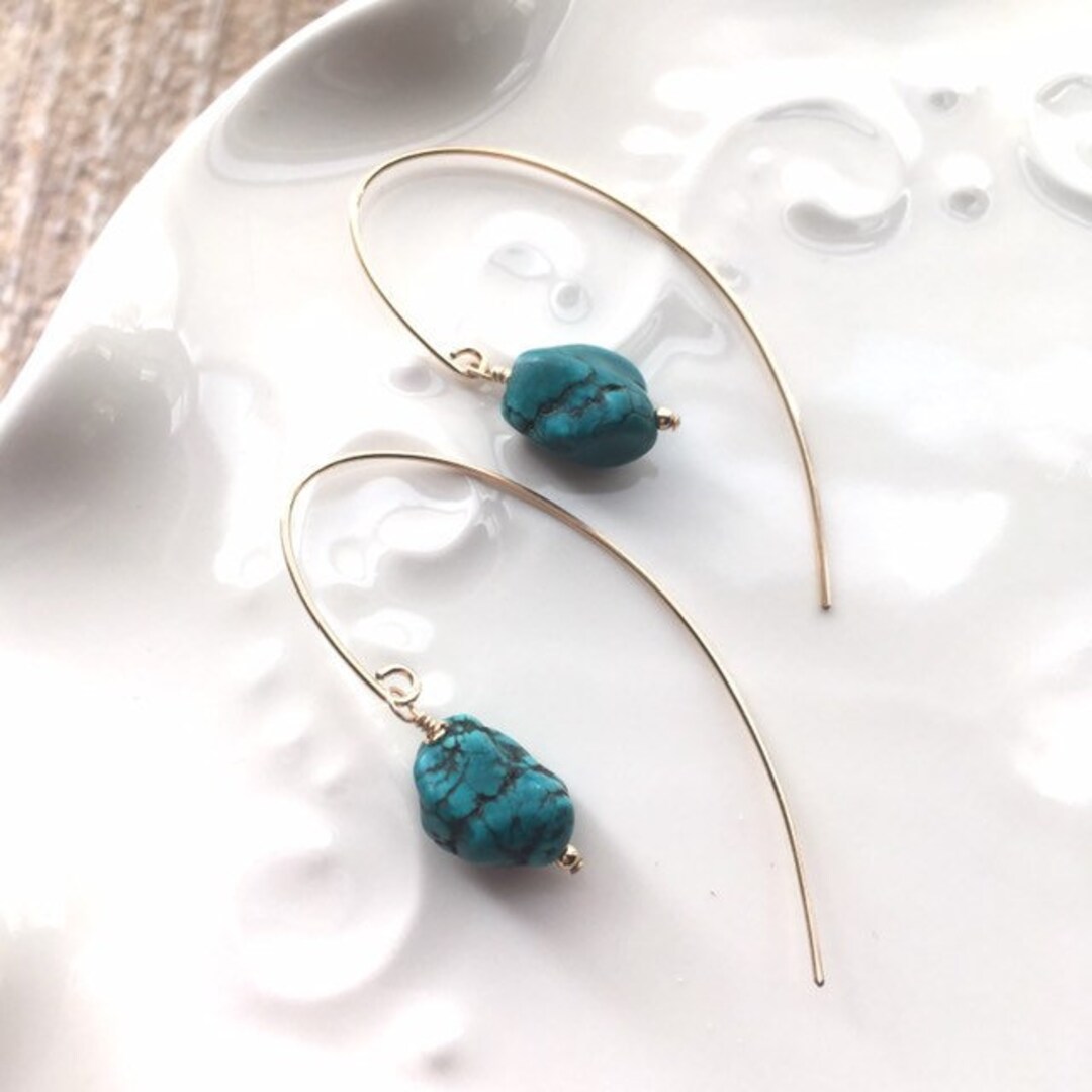 Inverted Gold Turquoise Hoops, Modern Gold Wire Dangle Earrings - Etsy