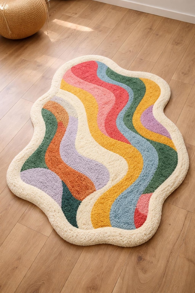Abstract Wavy Tufted Rug, Irregular Shape Colorful Area Rug, Handmade ...