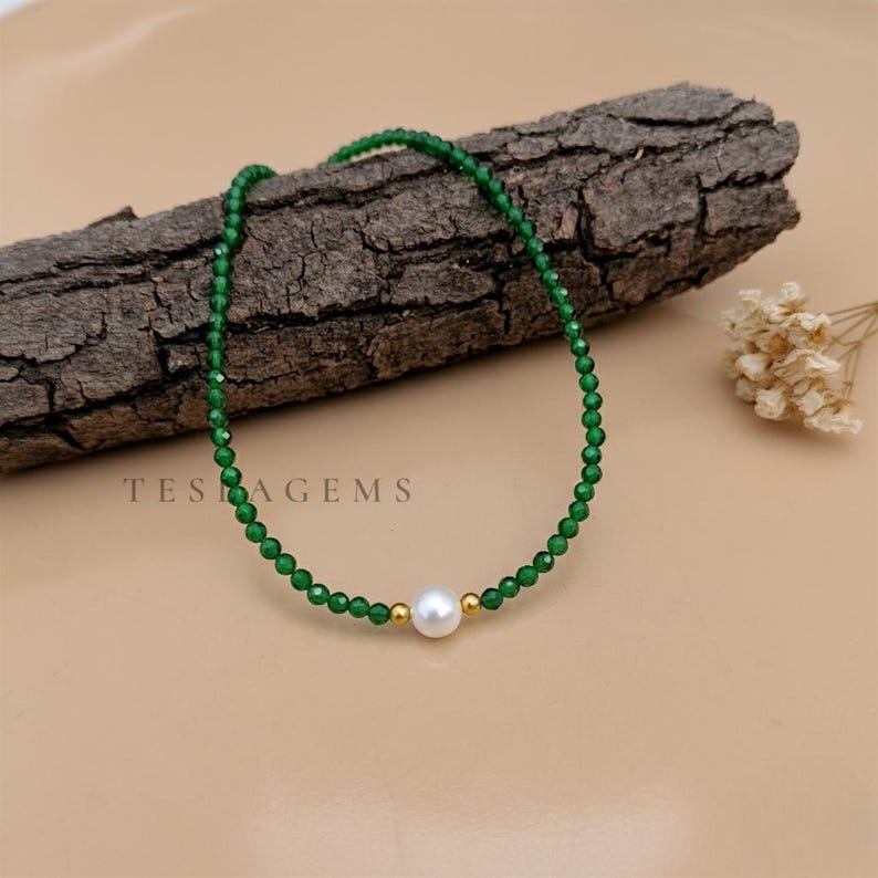 Genuine Green Jade Beaded Necklace, Pearl With Jade Micro Faceted Beads ...