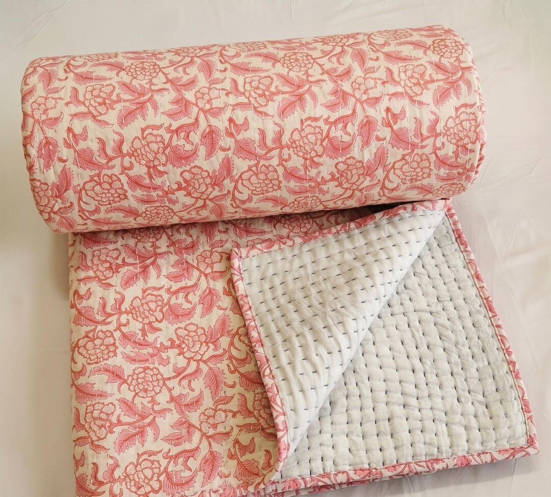 Hand Block Print Cotton Quilt: Floral Handmade Reversible Bedding ...