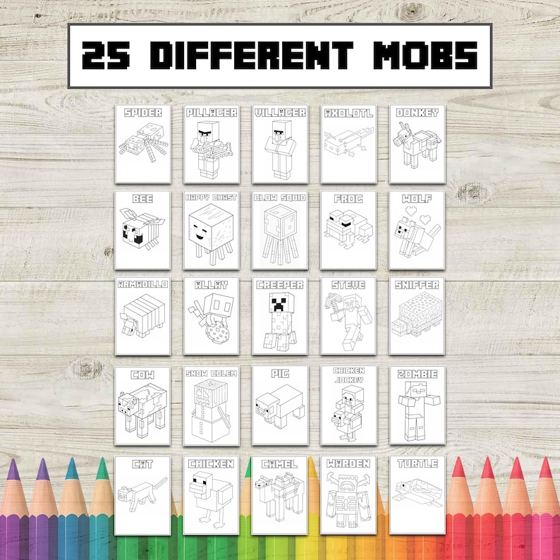 Minecraft Coloring Book – 25 Pixel Art Gamer Mobs (digital PDF Download ...