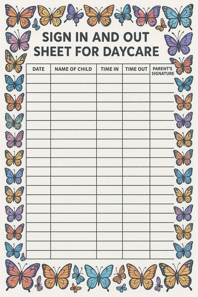 Cute Butterfly Sign in and Out Daycare Form Childcare Sheet Forms ...