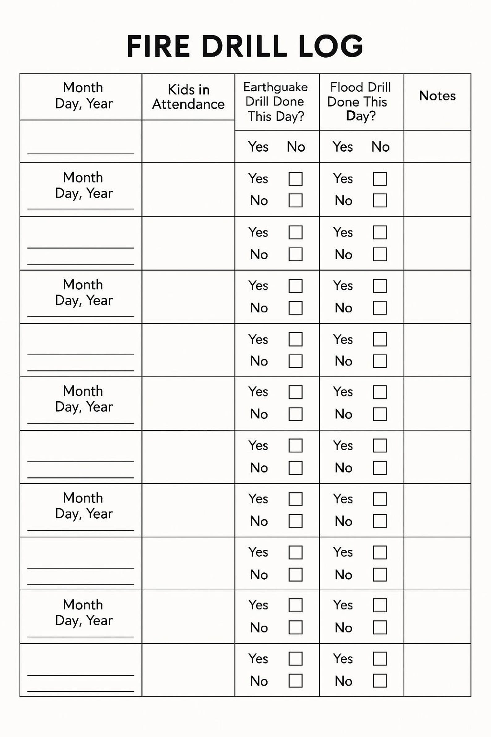 Fire Drill Log Daycare Childcare Forms - Etsy