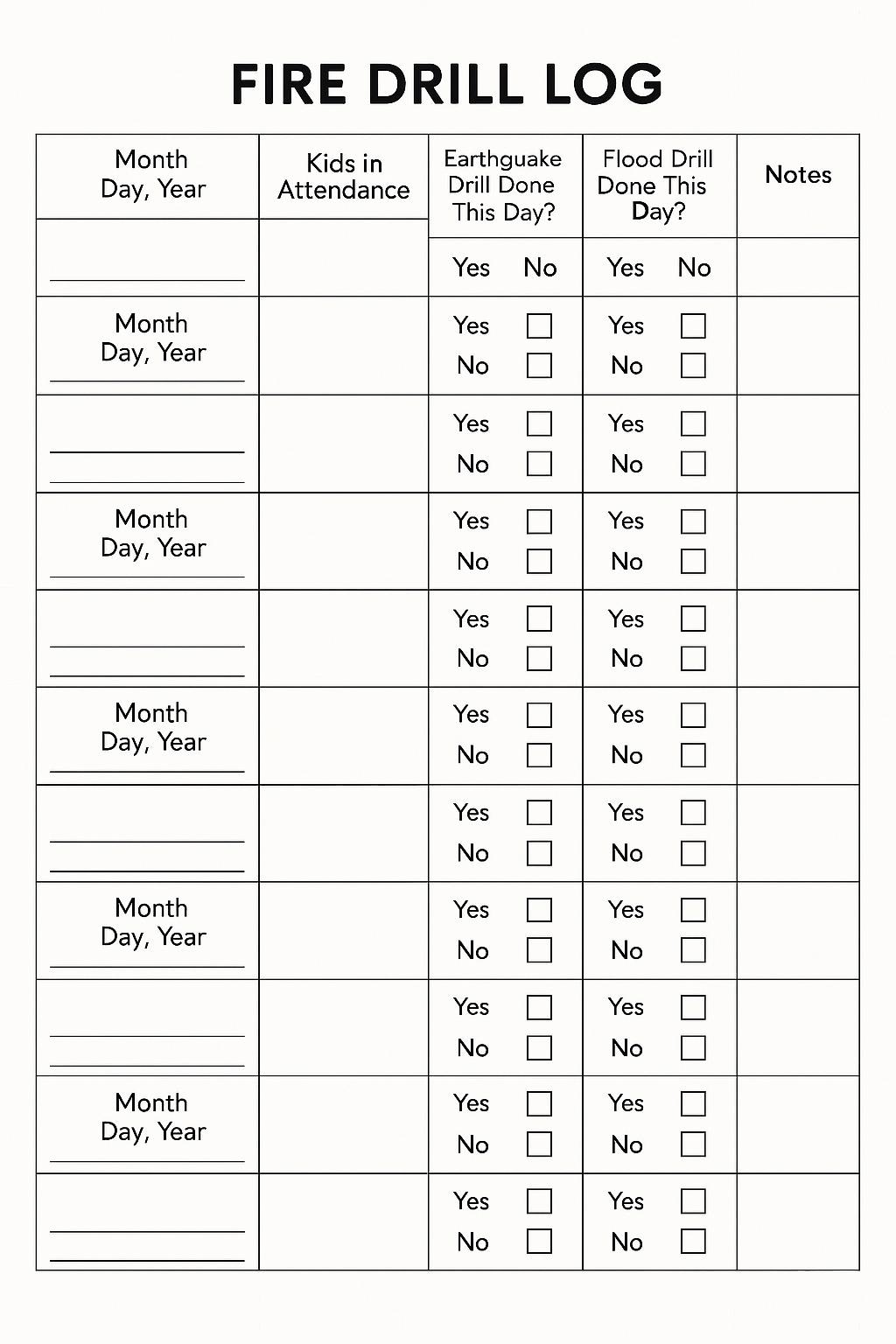 Fire Drill Log Daycare Childcare Forms - Etsy