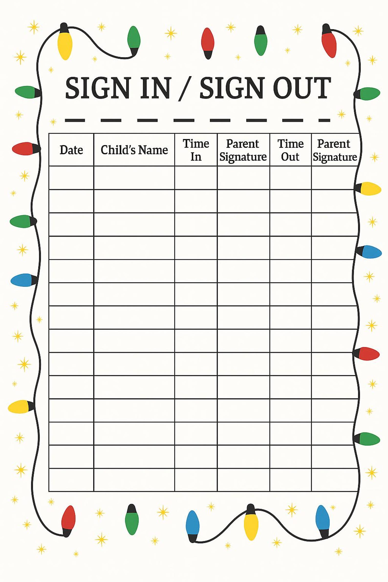 Sign in and Out Attendance Sheet Christmas Lights for Childcare or ...