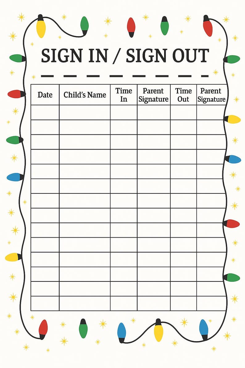 Sign in and Out Attendance Sheet Christmas Lights for Childcare or ...