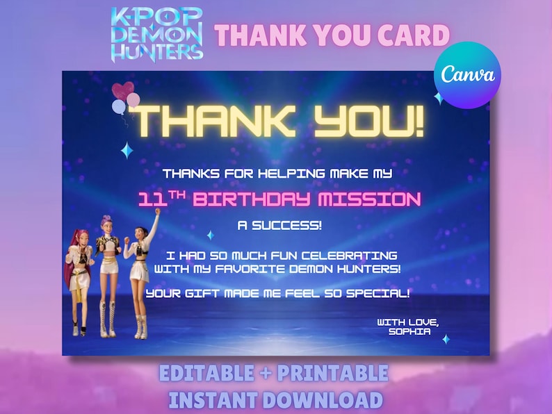 K‑pop Demon Hunters Thank You Card – Editable Canva Template ...