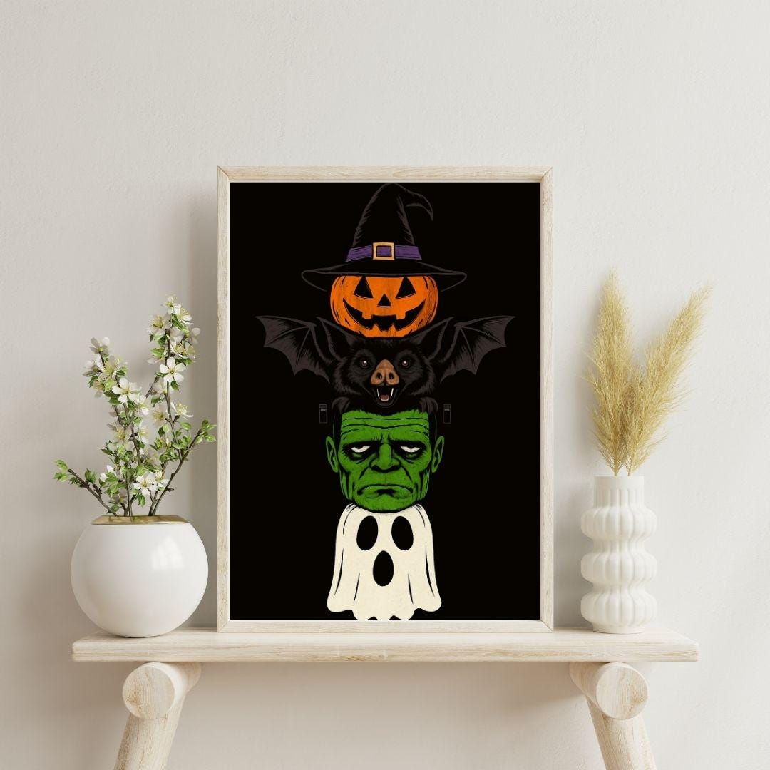 Retro Halloween Print: Frankenstein, Bat, Pumpkin Stack (digital ...