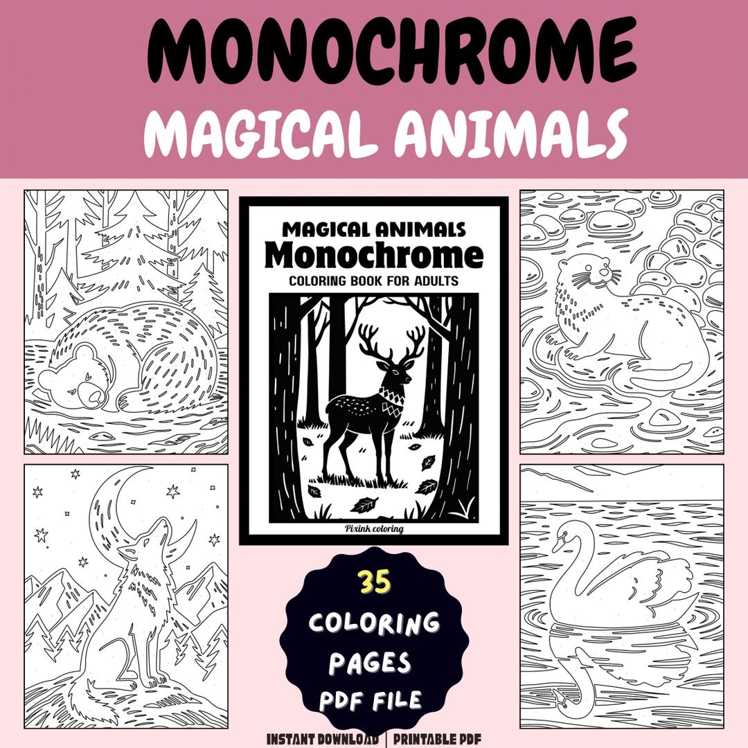 Monochrome Coloring Pages – Folk Art Magical Animals Designs ...