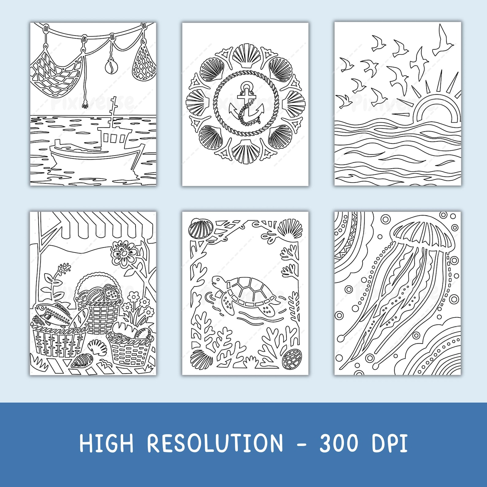 Monochrome Coloring Pages – Folk Art Coastal Life Designs | Printable ...
