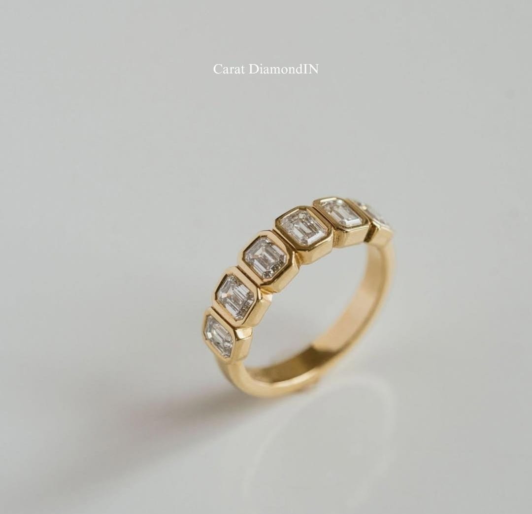 Emerald Cut Moissanite Half Way Eternity Band, 14K Gold East West Bezel ...