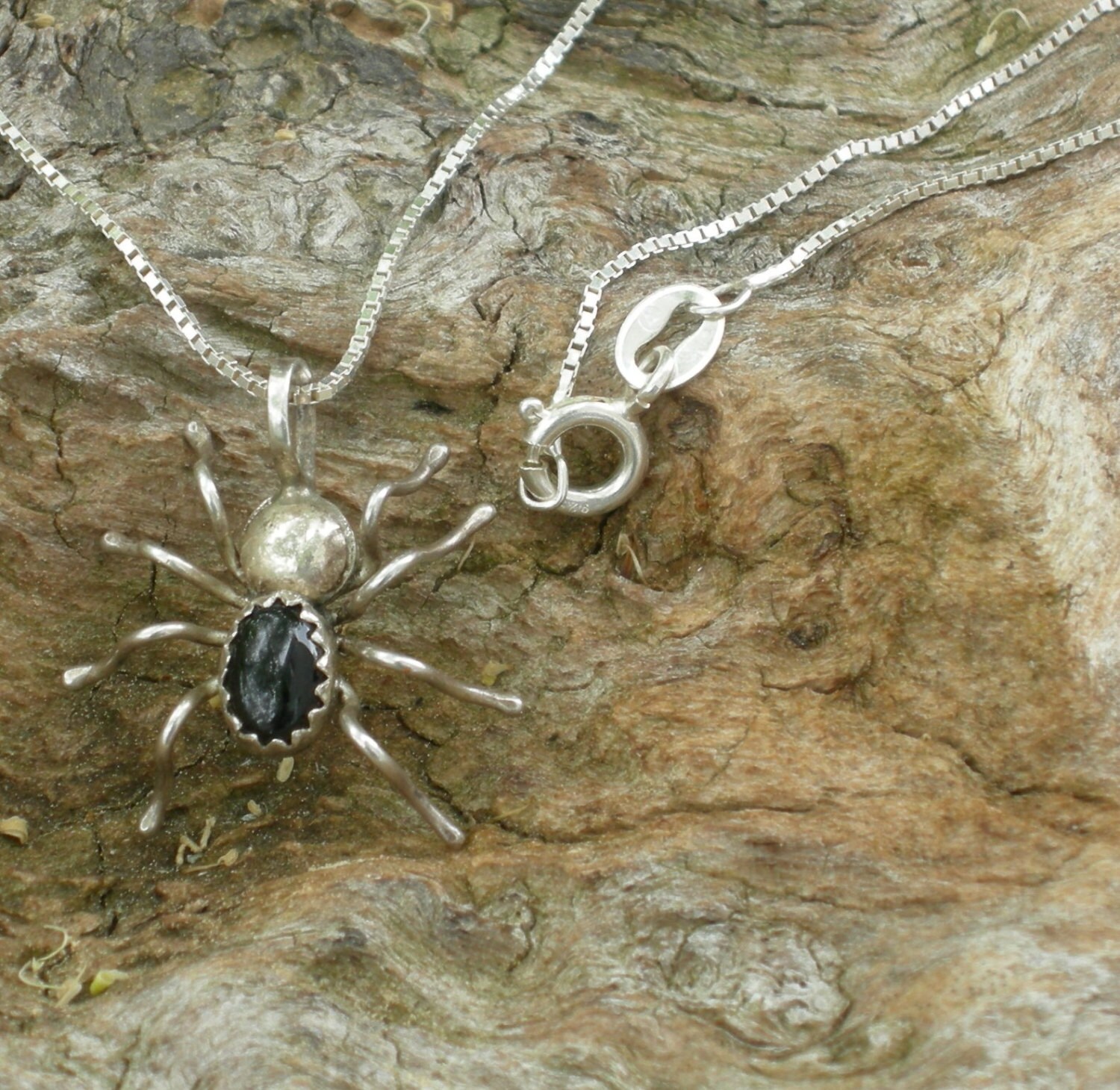 18" Sterling Silver Box Chain and Black Onyx Spider Pendant - Etsy