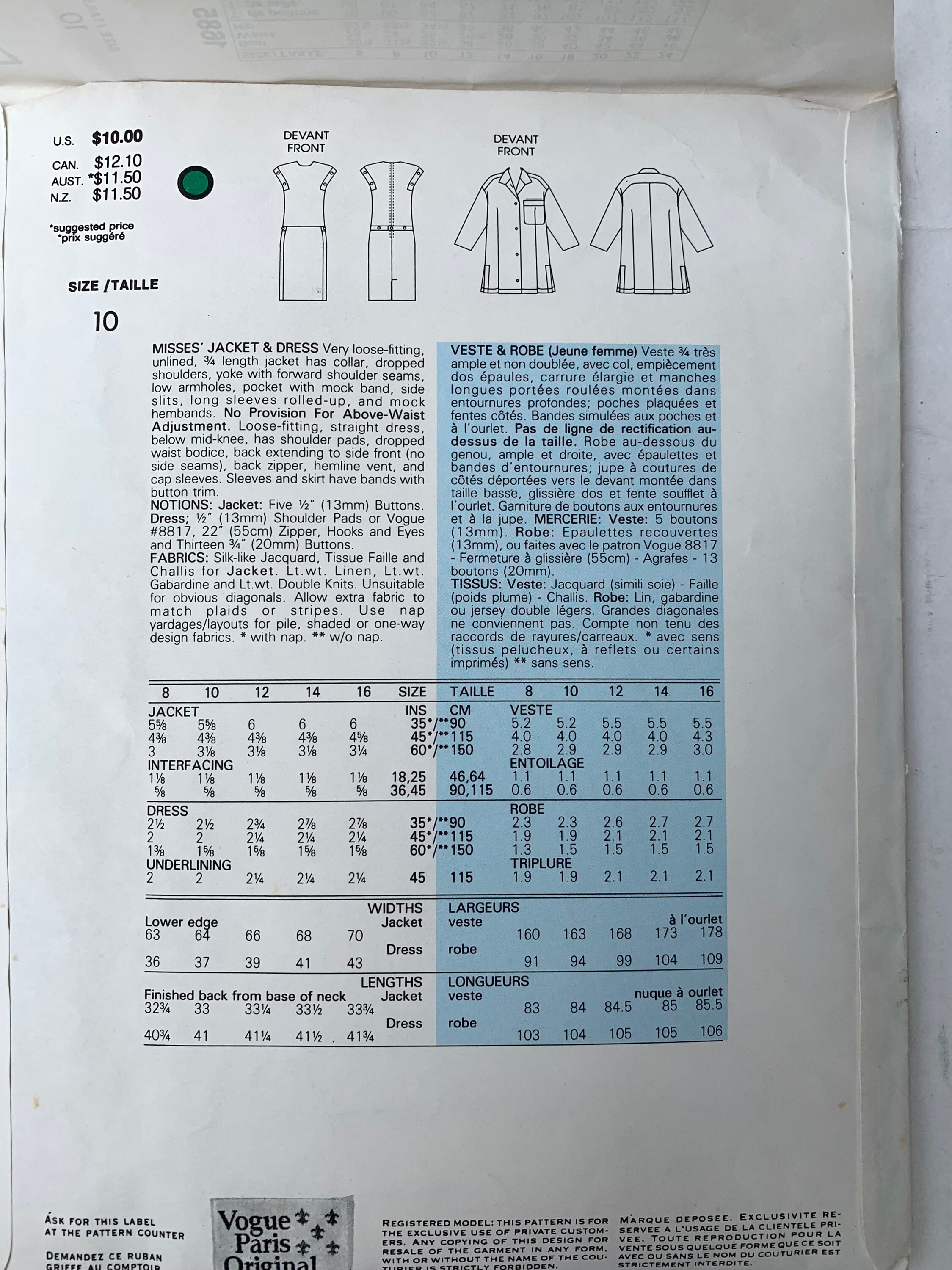 Uncut Designer Christian Dior Vogue Paris Original Pattern 1685 Vintage ...