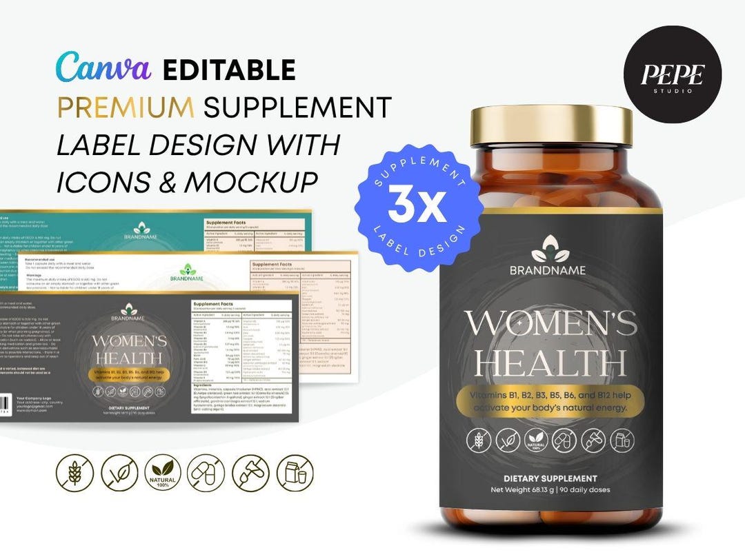 Canva Editable Supplement Label Design Template With Gold Foil Effect ...