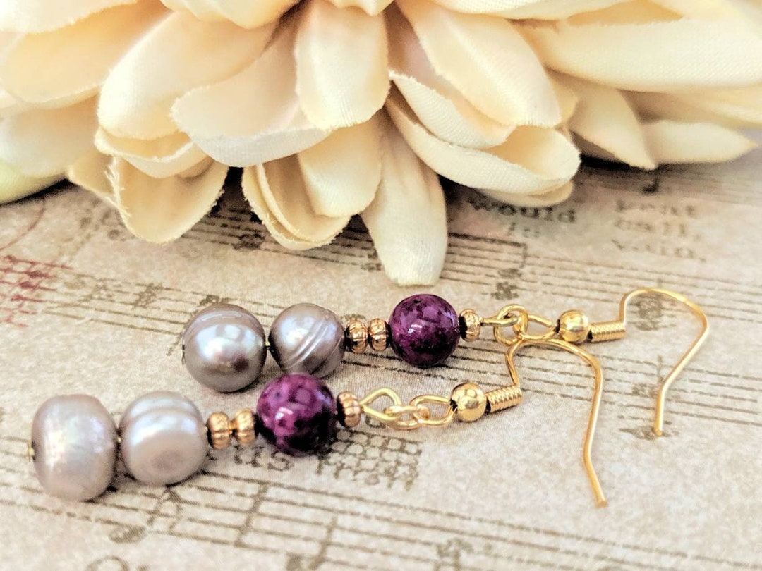 June Birthstone Earrings, Purple Earrings Gold, Freshwater Pearl ...