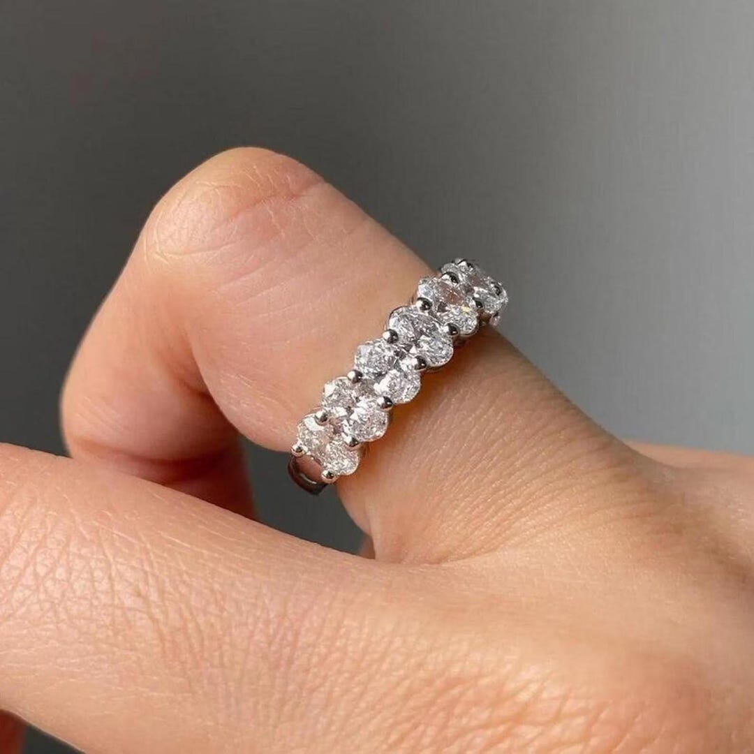 Oval Cut Moissanite Half Eternity Band 14K Solid White Gold Moissanite ...