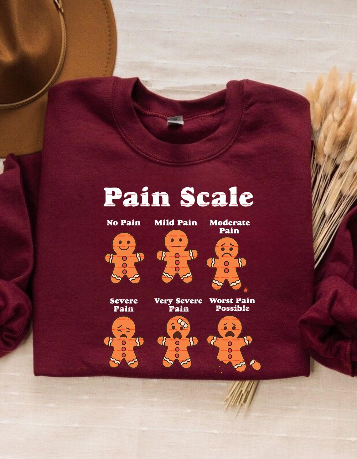 Funny Gingerbread Man Pain Scale Shirt Design, Holiday Injury Humor Tee ...