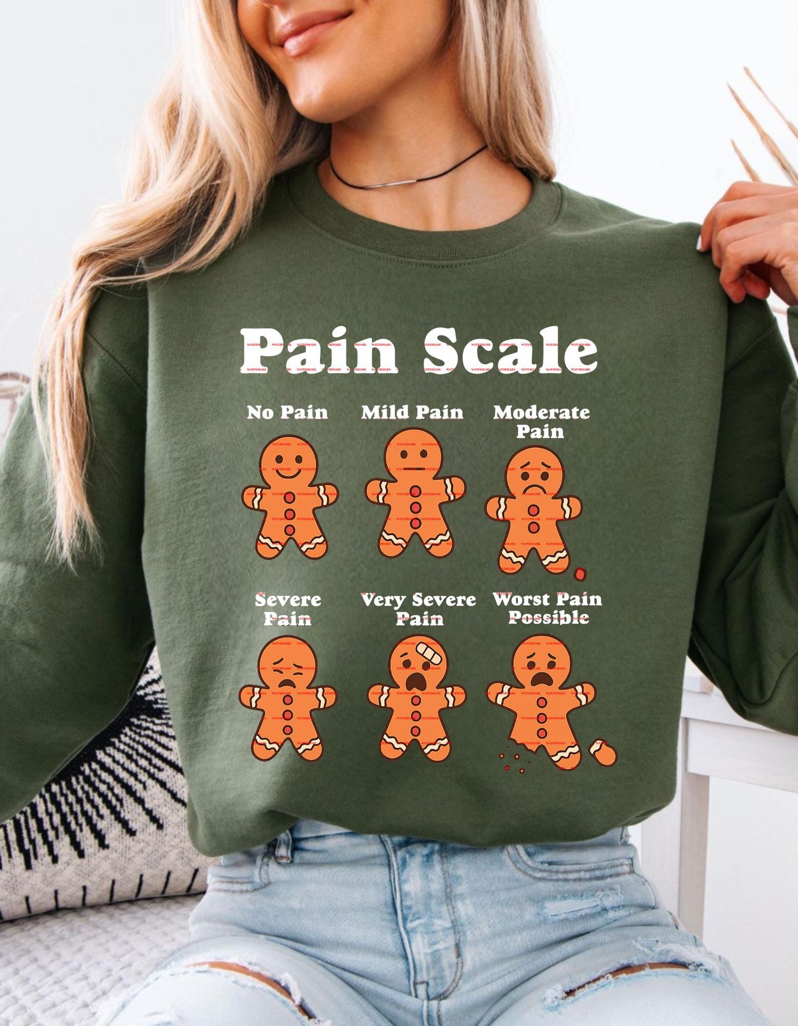Funny Gingerbread Man Pain Scale Shirt Design, Holiday Injury Humor Tee ...