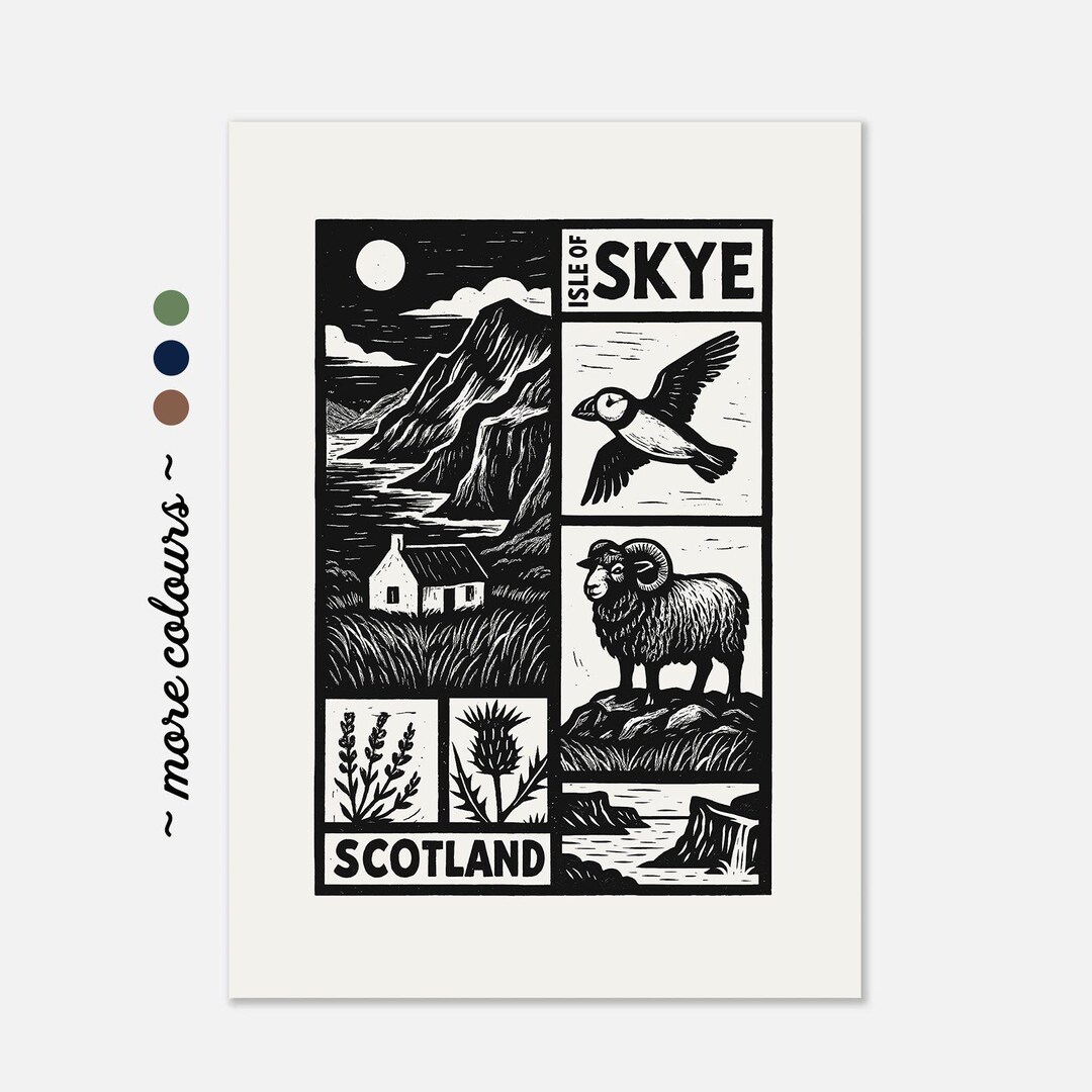 Isle of Skye Print – Linocut Style Illustration | Scottish Highlands ...