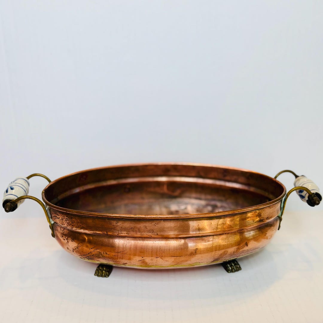 Vintage Footed Copper Planter Trough Pot Bowl W/ Blue & White Porcelain ...
