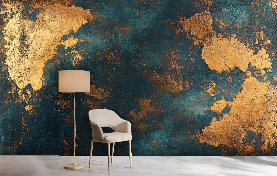 Rusty Copper Distressed Metal Gold Iron Wallpaper, Green and Gold ...