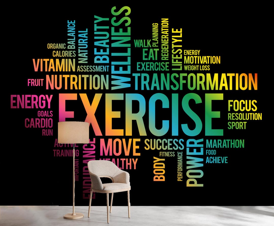 Gym Wallpaper, Fitness Word Cloud Mural, Bodybuilding Wall Decor, Self ...