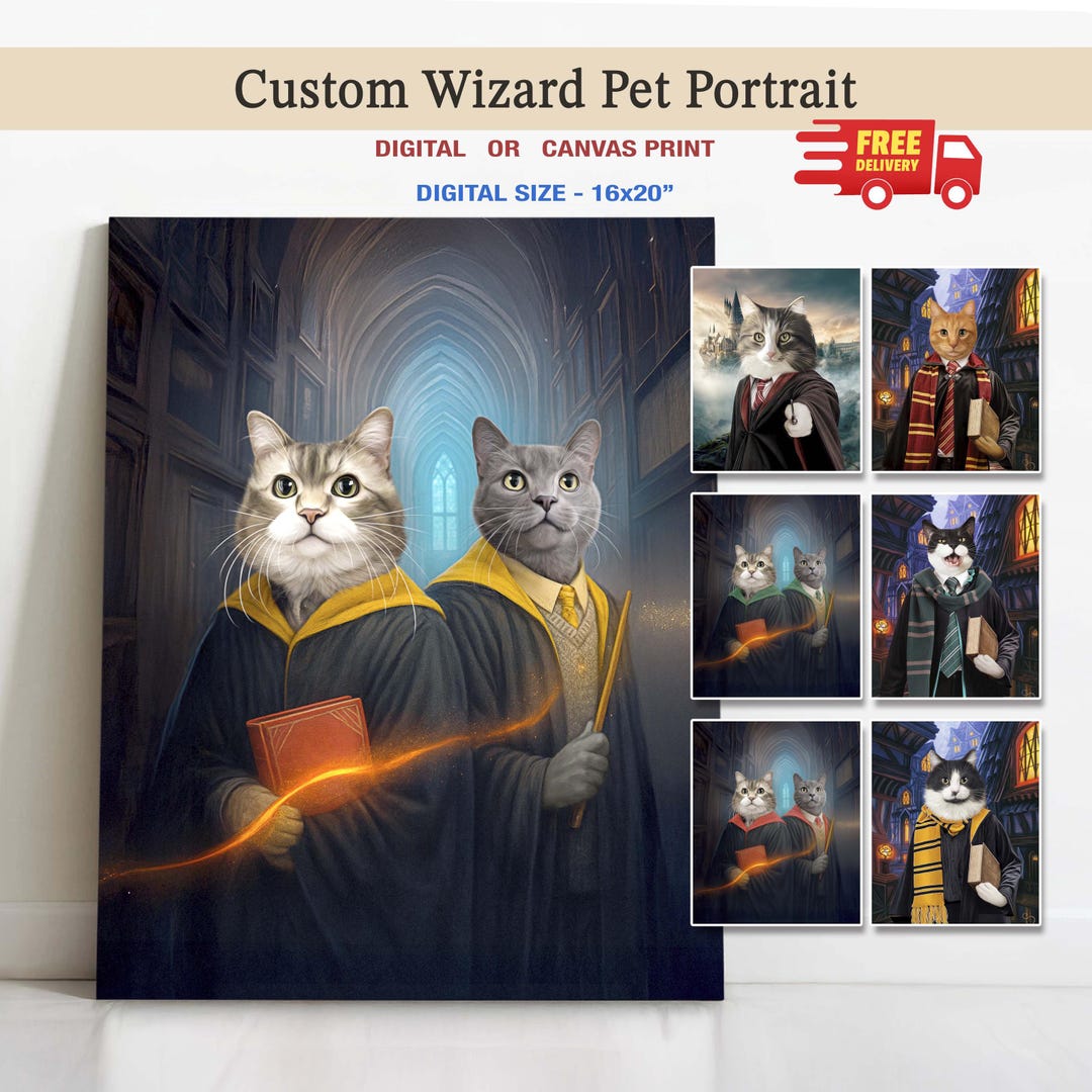 Custom Wizard Pet Portrait – Magical Dog or Cat Art in Wizard Costume ...