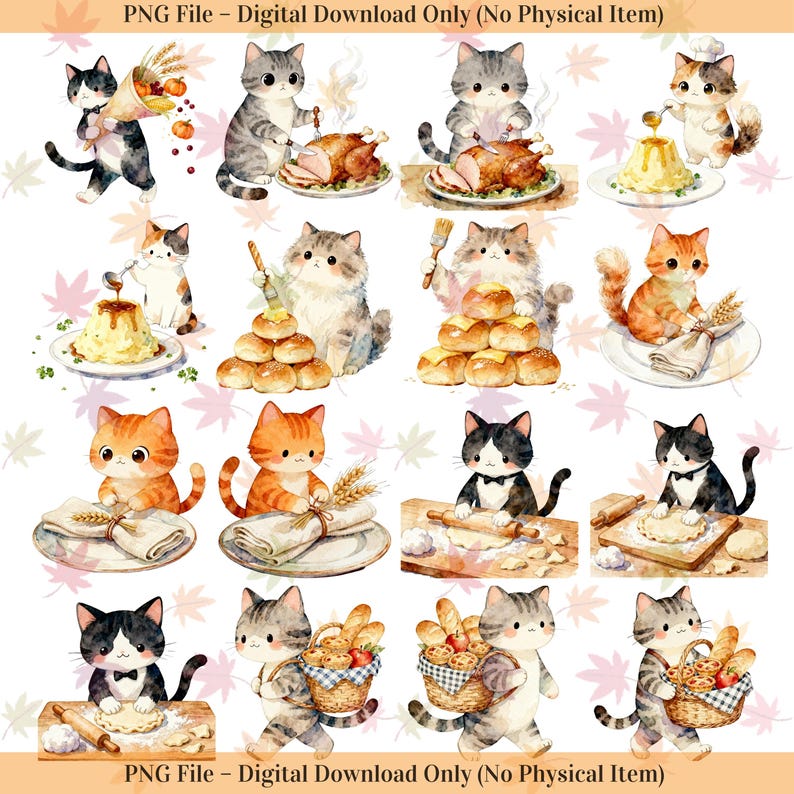 Thanksgiving Cat Clipart Bundle, 100 Cooking Kitten PNG, Fall Baking ...