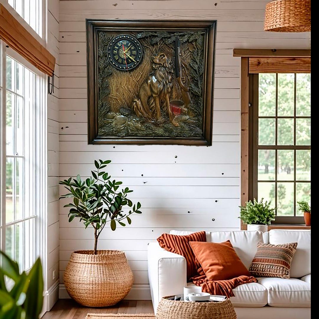 Hunting Wall Clock Rustic Cabin Decor – Carved Dog Design Handmade ...
