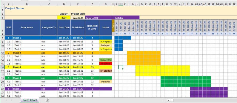 Dynamic Excel Gantt Chart | PMP Schedule | Projects Tracker Spreadsheet ...