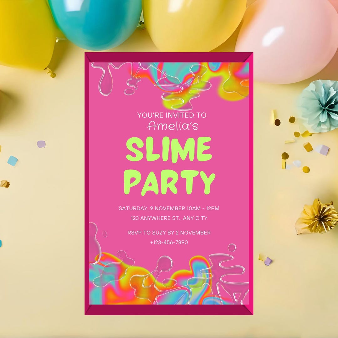 Neon Slime Birthday Invitation | Editable 5x7 Party Invite (digital ...