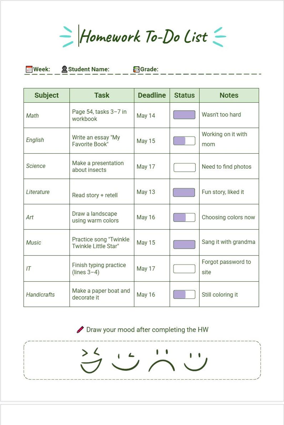 Kids Digital Homework Planner | Printable School Organizer | Weekly ...