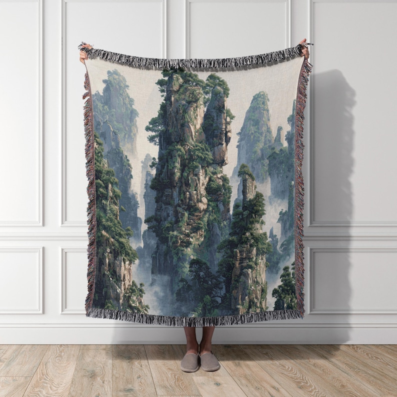 Misty Mountain Pillars Woven Blanket, Cinematic Asian Landscape ...