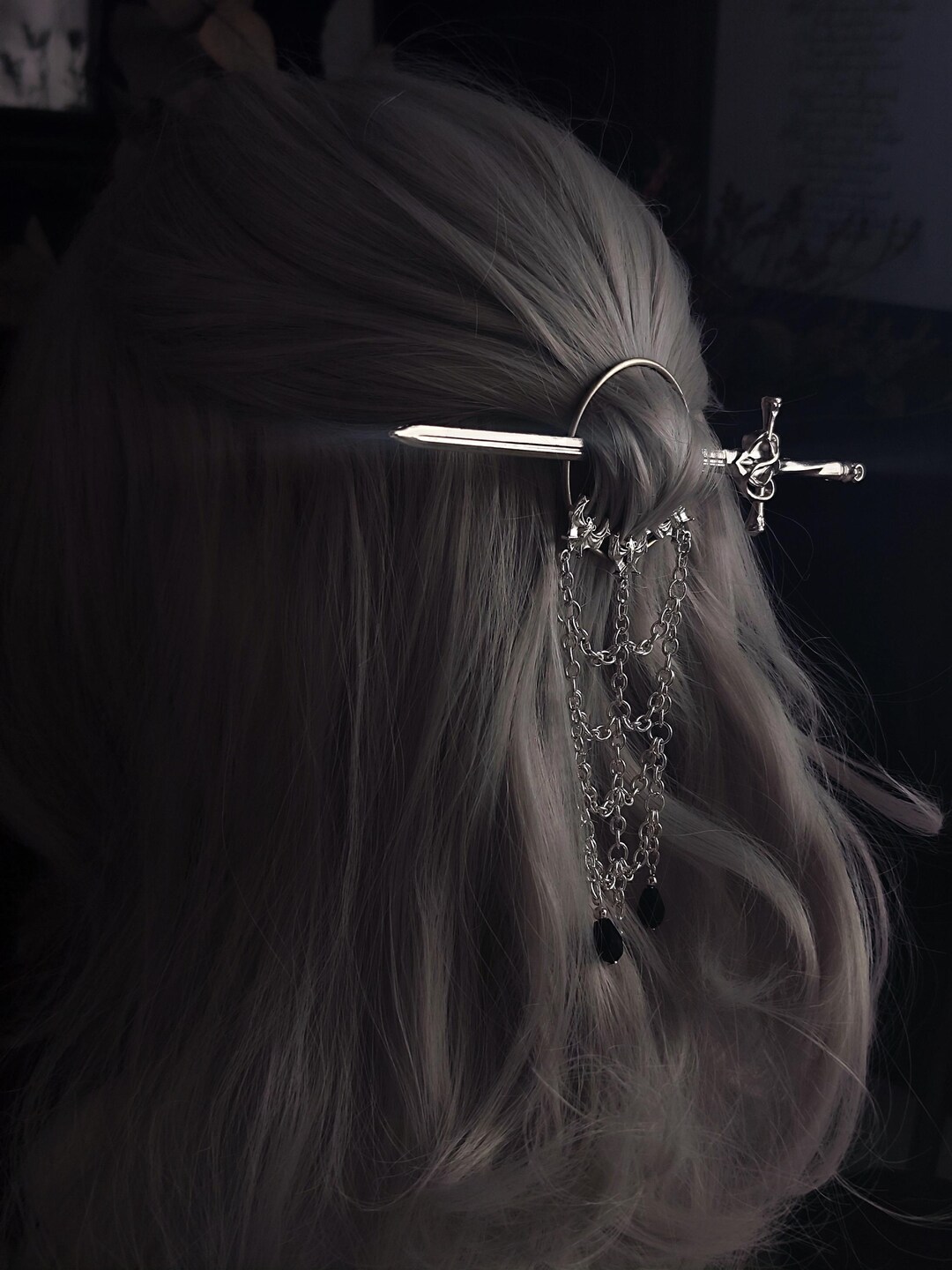 Gothic Sword Hair Pin: Silver Bats, Black Crystals, Medieval Style - Etsy