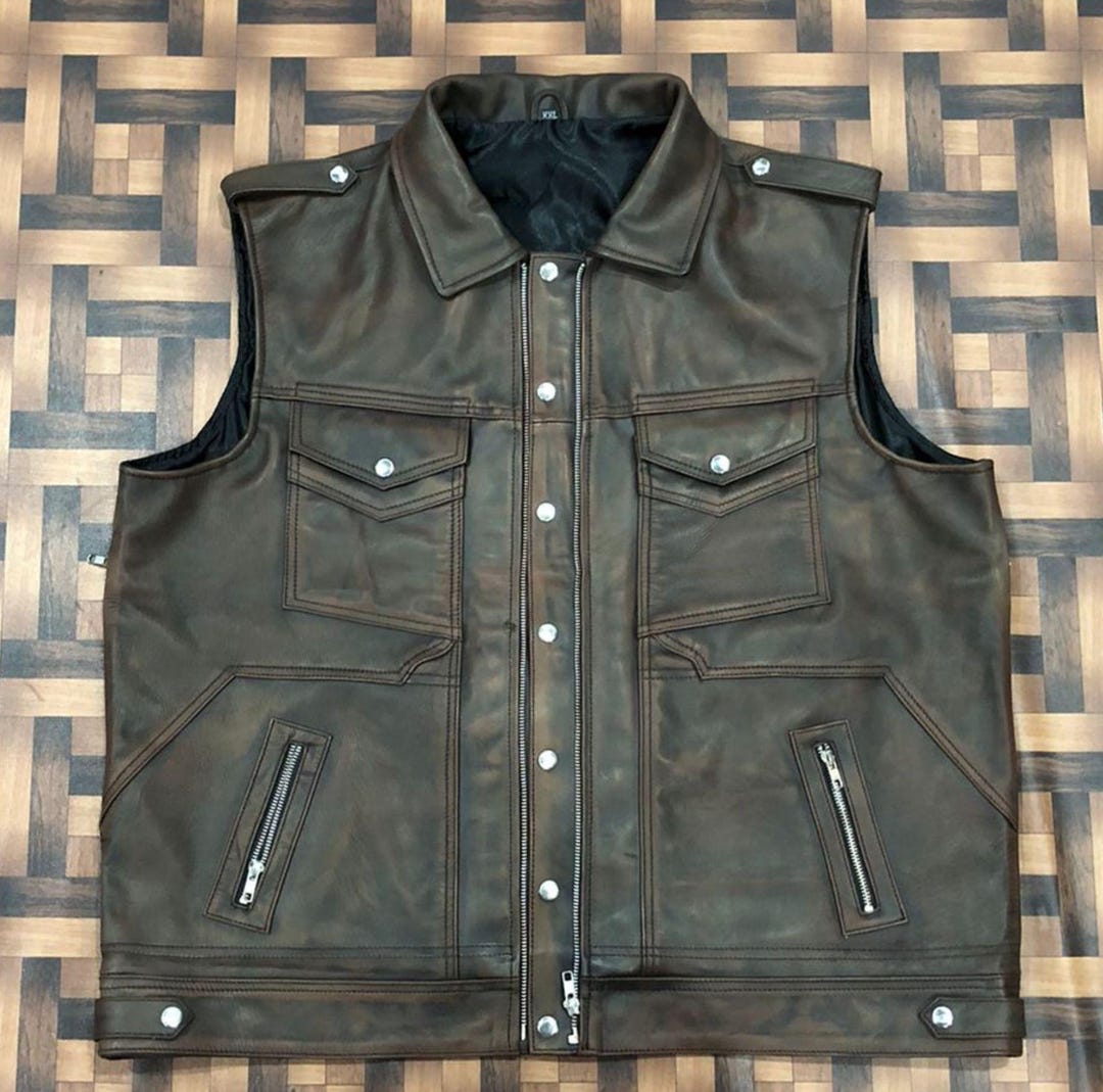 Men’s Brown Leather Biker Vest – Vintage Motorcycle Club Style ...