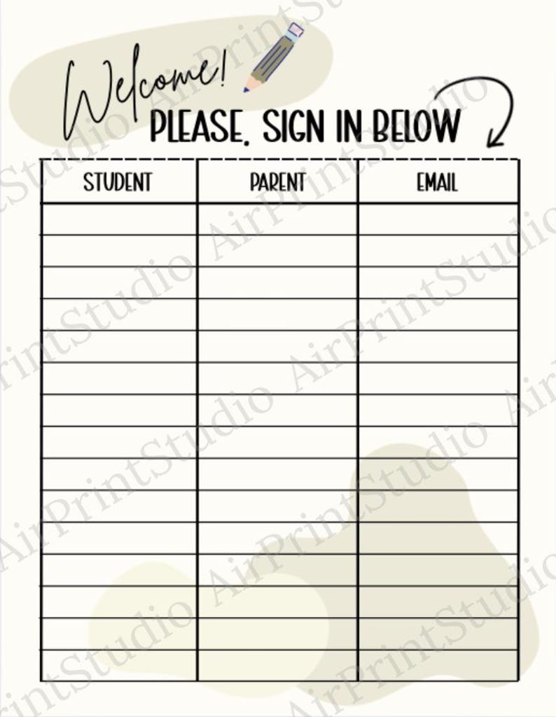 Printable Parent Sign in Form Teacher Open House Welcome Page Editable ...