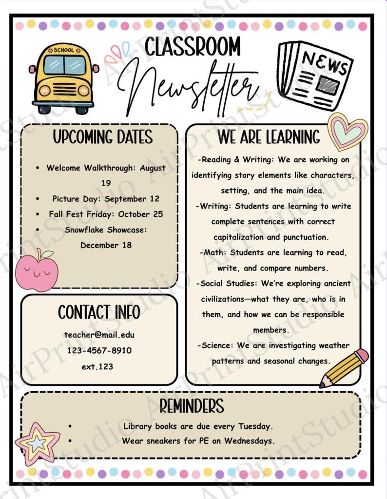 Editable Classroom Newsletter Template Printable One Page PDF in 5 ...