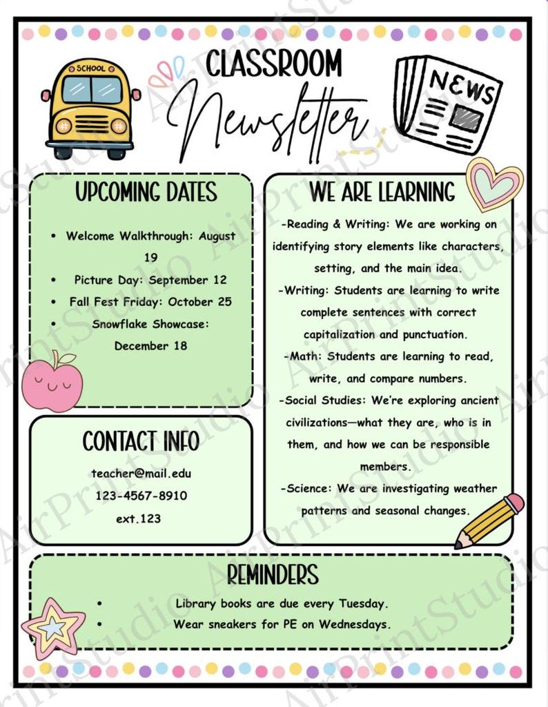 Editable Classroom Newsletter Template Printable One Page PDF in 5 ...