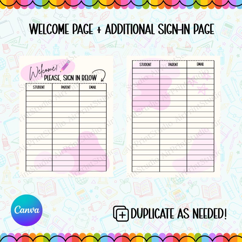Printable Parent Sign in Form Teacher Open House Welcome Page Editable ...