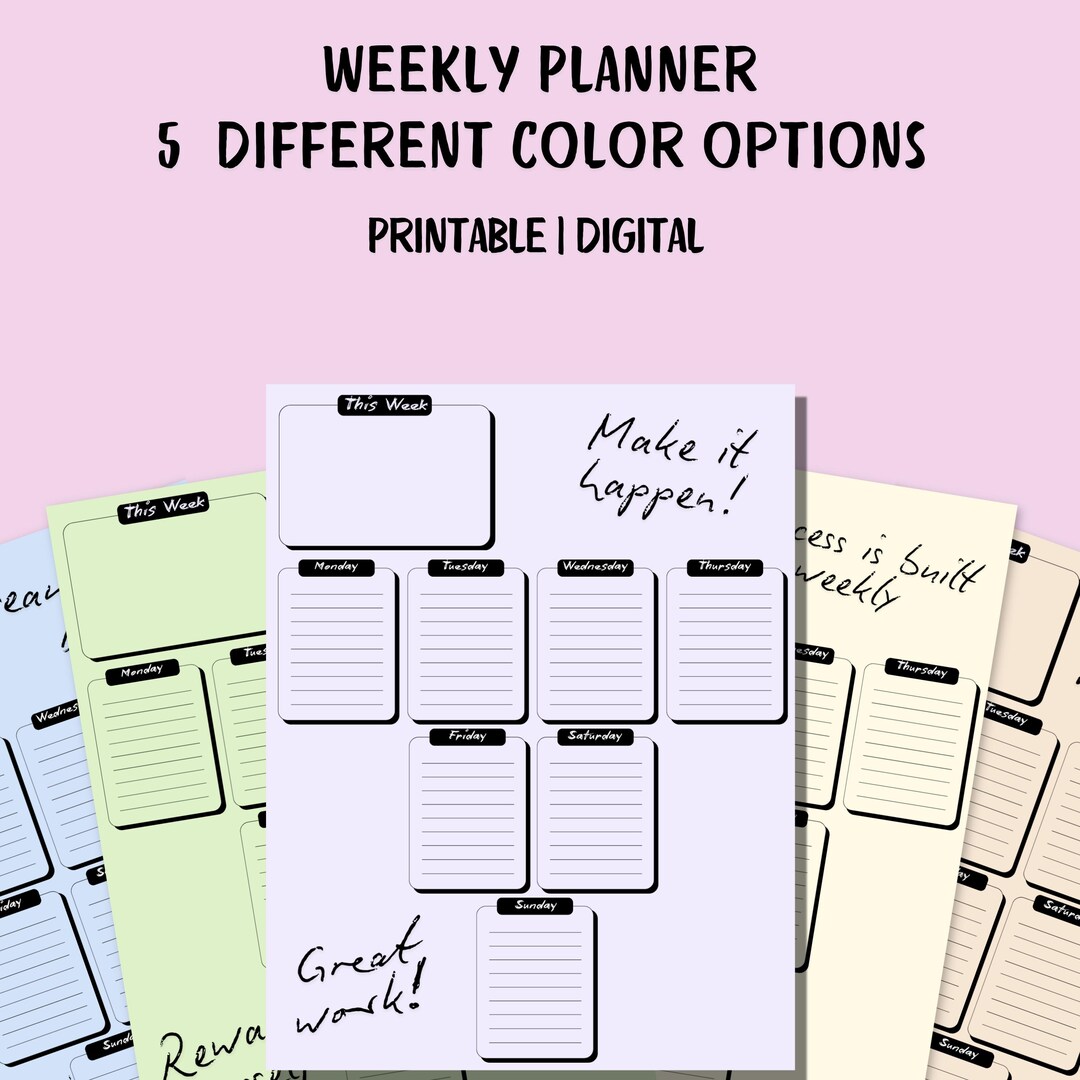 Motivational Weekly Planner Printable – 5 Color Pastel Set, “make It ...