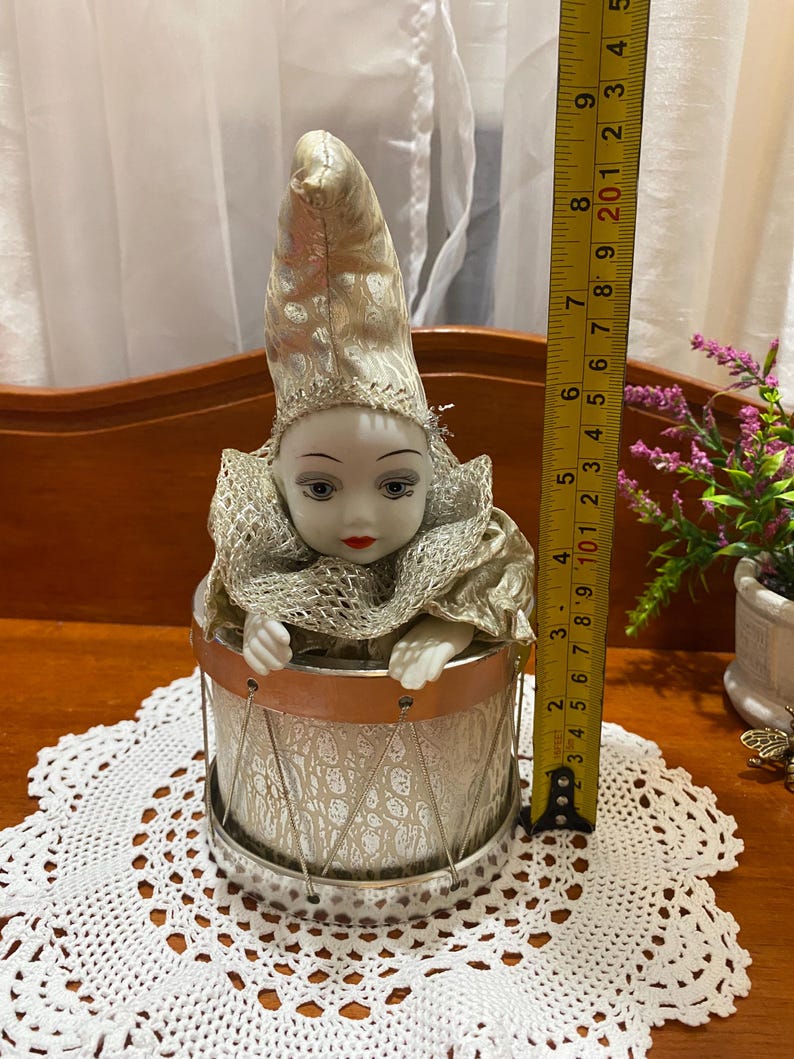 Vintage Porcelain Harlequin Clown Doll With Silver Drum - Moving and ...