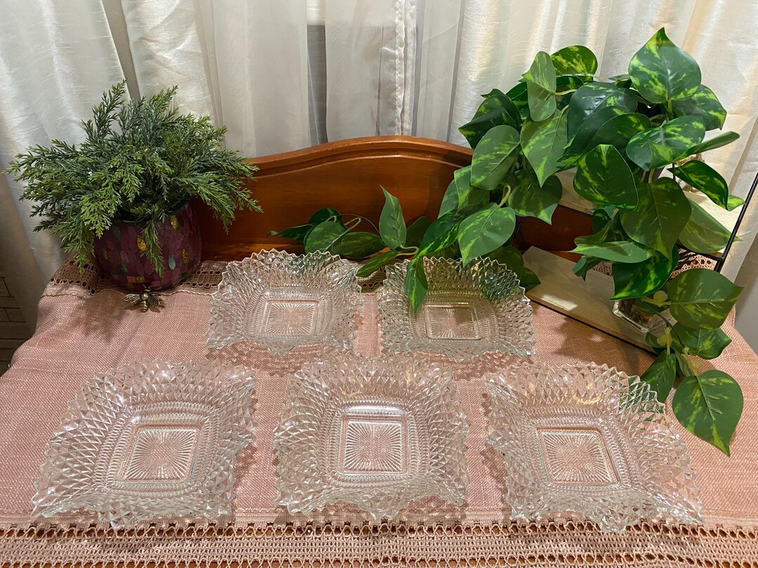 Vintage 5 Clear INDIANA GLASS Co Square Ruffled Diamond Point Candy Nut ...