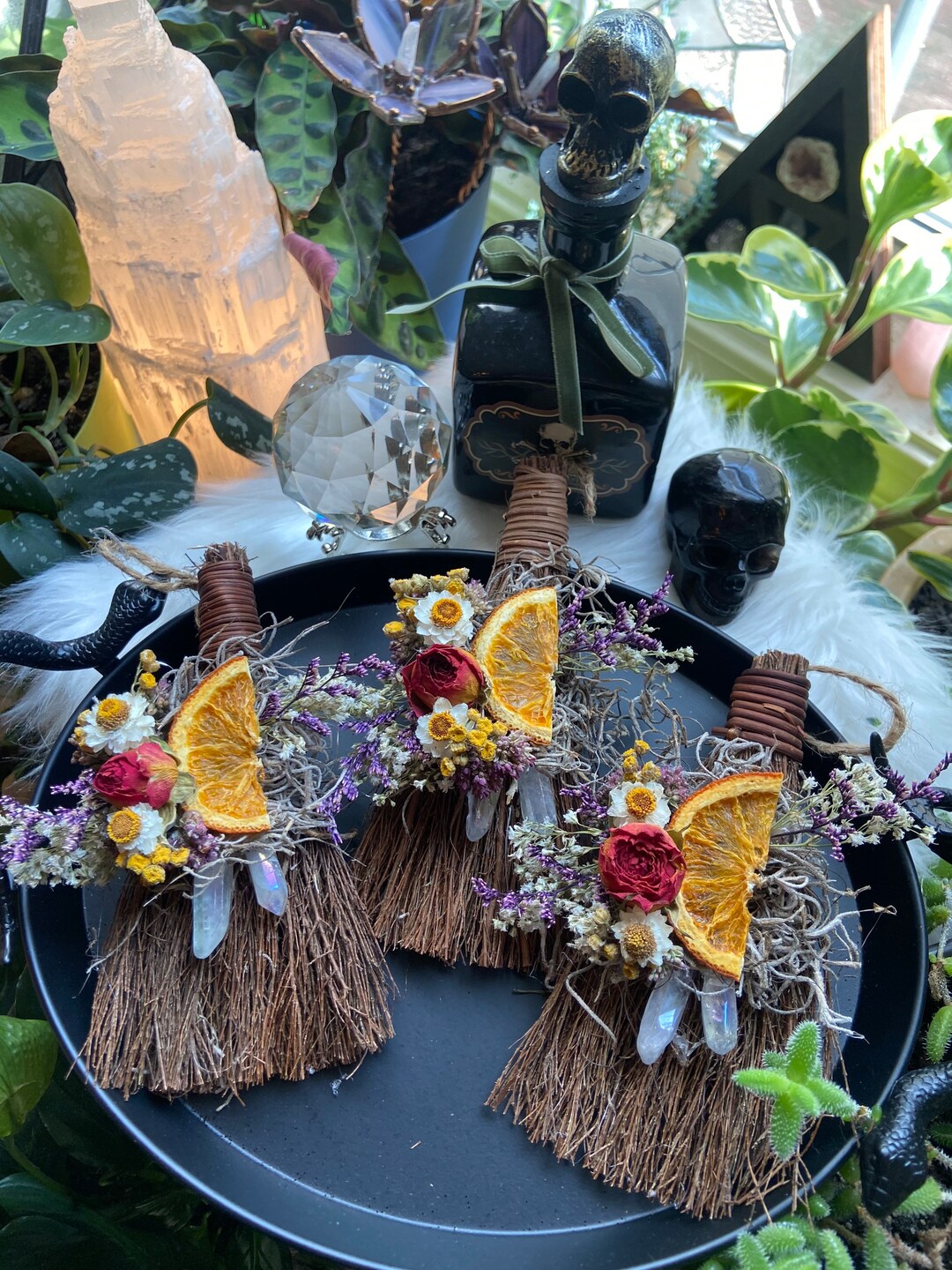 Mabon Besom, Fall Decor, Dried Flowers, Angel Aura Quartz, Mini Broom ...