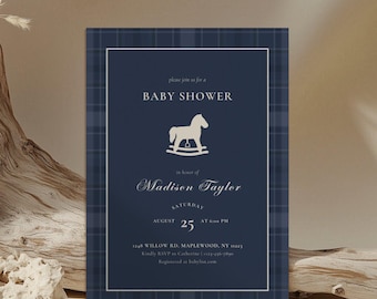 Navy Plaid Rocking Horse Baby Shower Invitation | Boy Shower ...